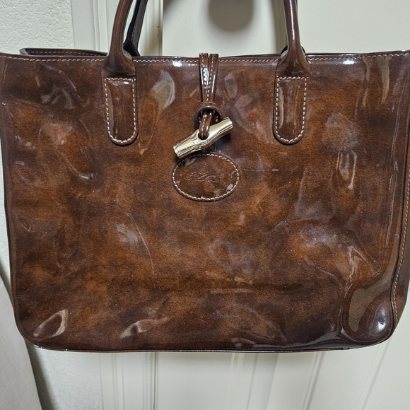 Longchamp | Bags | Longchamp Roseau Brown Patent Leather Tote Bag ...